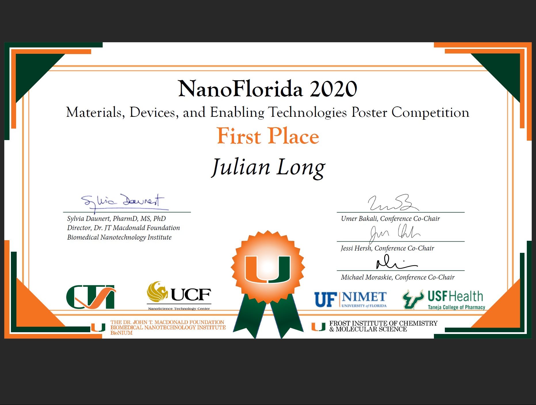 Julian Received First Place at the NanoFlorida 2020 Conference ...